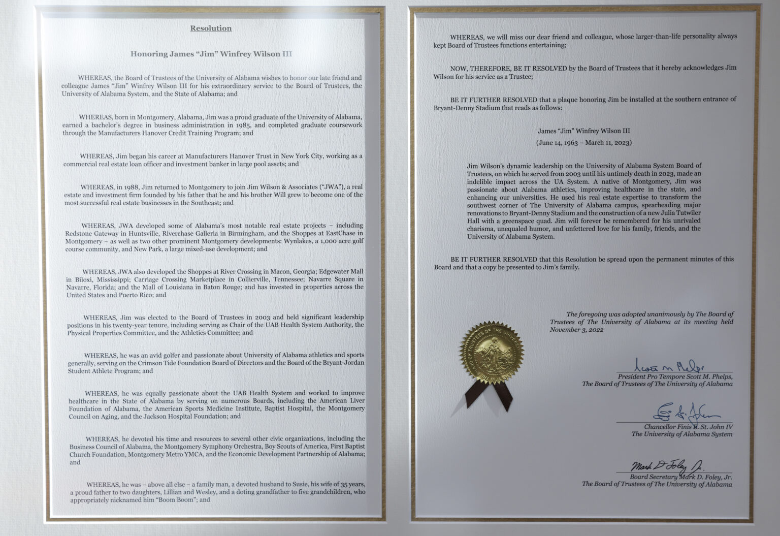 The Board of Trustees of the University of Alabama Honors James W ...